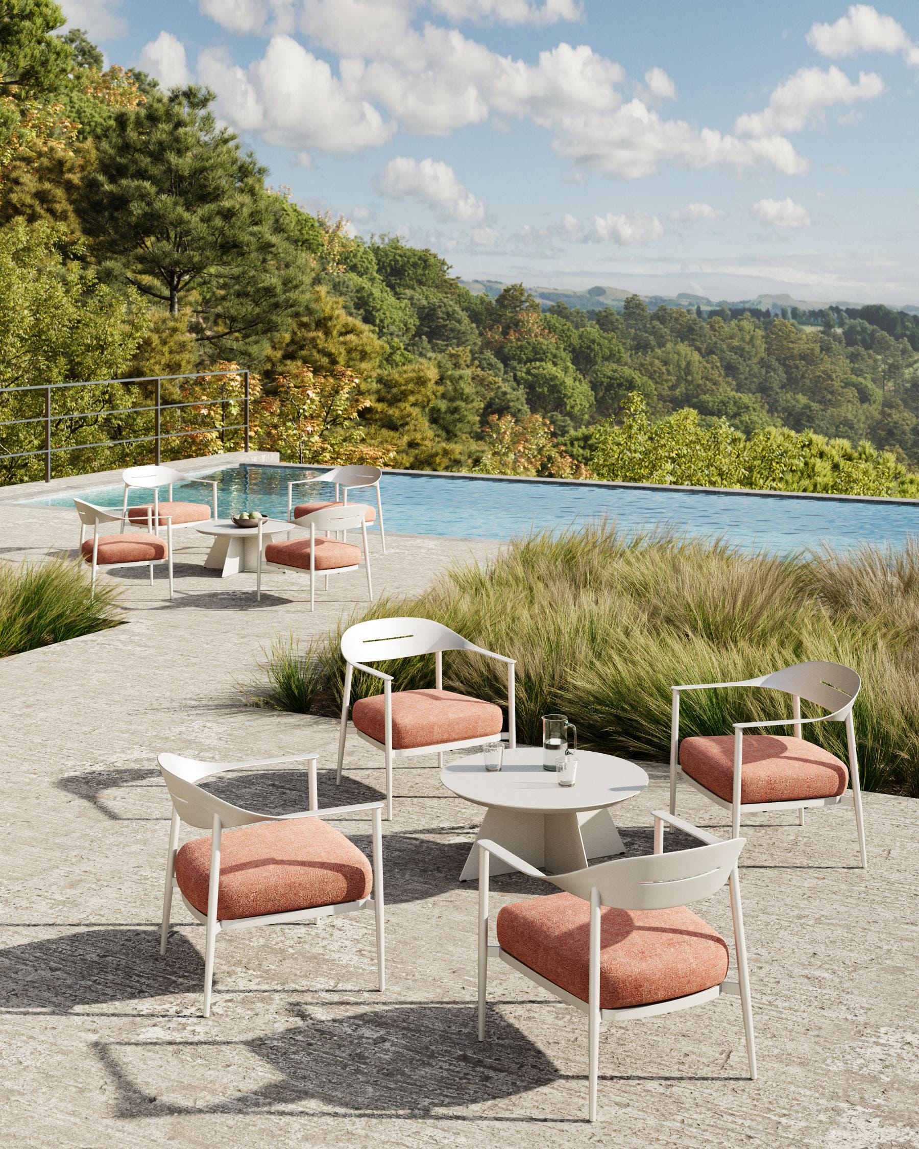 White Alu Dining Armchair with a Blush Cushion and White Alu Side Table ...
